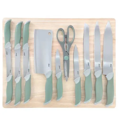 OSTER Linbergh 14 Piece Stainless Steel Cutlery And Cutting Board Set With Soft-grip Handles - Green