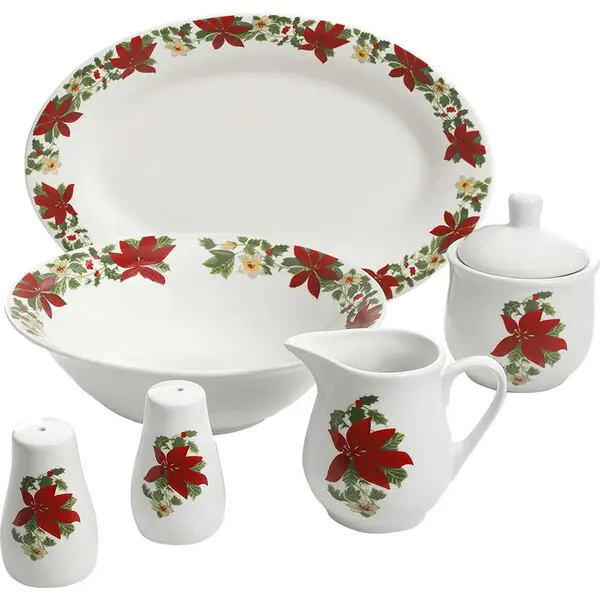 GIBSON HOME Perfect For Holidays Poinsettia 7 Piece Porcelain Serving Set - Red