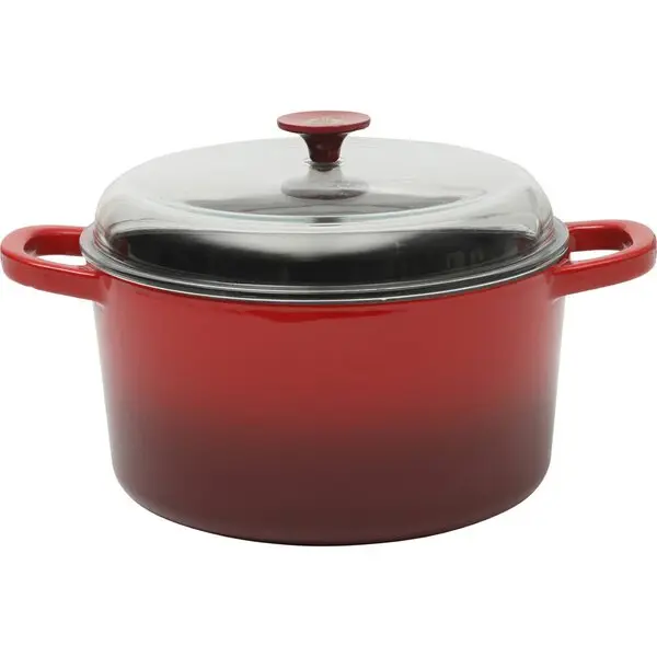 CROCK POT 3 Quart Enameled Cast Iron Dutch Oven With Borosilicate Lid - Red
