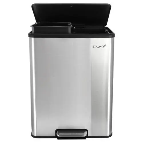 ELAMA 60 Liter 2 Compartment Large 8 Gallon Split Stainless Steel Step Trash Bin With Slow Close Mechanism - Silver