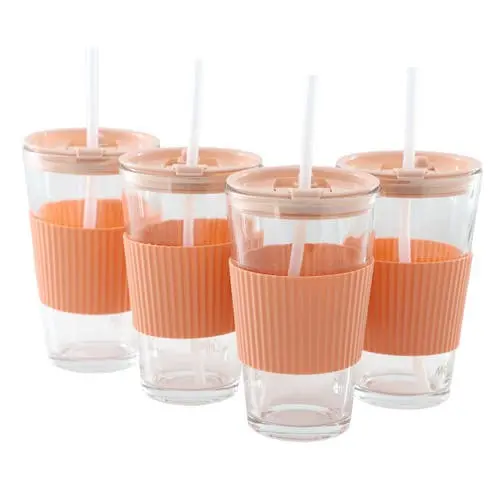 MR. COFFEE Sip Savvy 4 Piece 15 Ounce Silicone Sleeve Glass Cup Set W/ Lid And Straw - Pink
