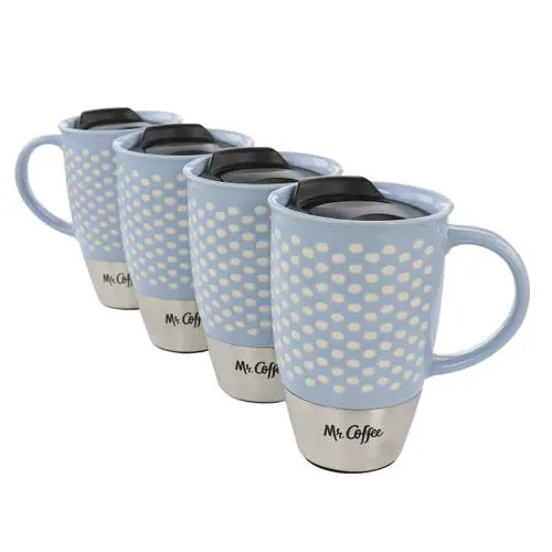MR. COFFEE Coupleton Dot 4 Piece 15 Ounce Stoneware And Stainless Steel Travel Mug Set With Lid - Blue
