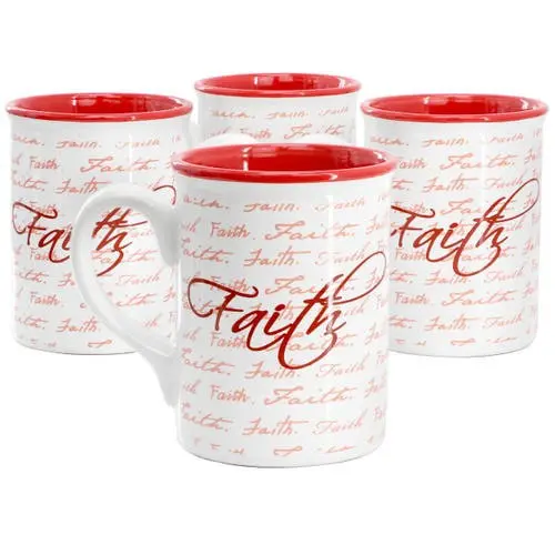 GIBSON HOME Inspirational Words Faith 4 Piece 16 Ounce Stoneware Mug Set - Red
