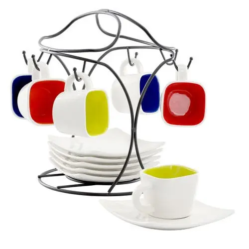 GIBSON HOME Crenshaw 13 Piece Square Stoneware Espresso Cup Set With Metal Stand - Red