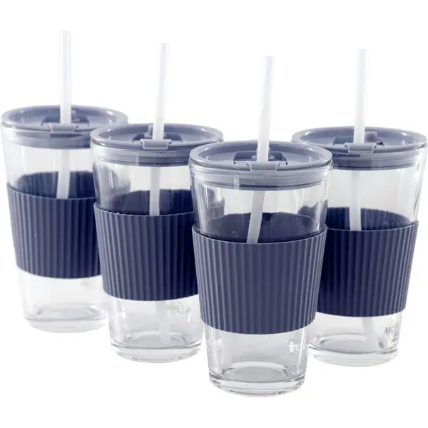 MR. COFFEE Sip Savvy 4 Piece 15 Ounce Silicone Sleeve Glass Cup Set W/ Lid And Straw - Blue