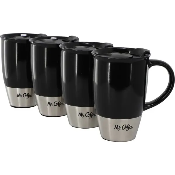 MR. COFFEE Coupleton 4 Piece 15 Ounce Stoneware Travel Mug Set With Lid - Black