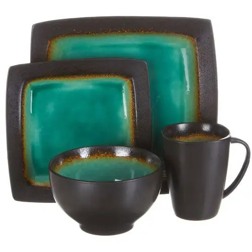 Gibson Ocean Paradise 16 Piece Square Stoneware Dinnerware Set In Jade - Black
