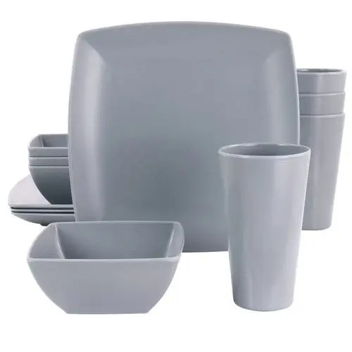 GIBSON HOME 12 Piece Grayson Melamine Square Dinnerware Set - Grey