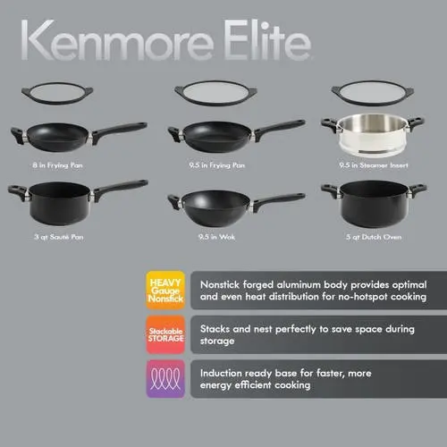KENMORE ELITE Grayson 9 Piece Nonstick Aluminum Stackable Cookware Set