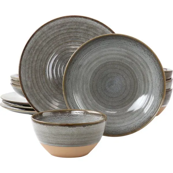 GIBSON ELITE 12 Piece Dreamweaver Round Earthenware Dinnerware Set - Grey