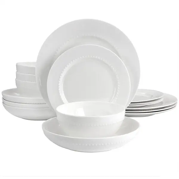 GIBSON ELITE Embossed Bone China 16 Piece Double Bowl Dinnerware Set - White