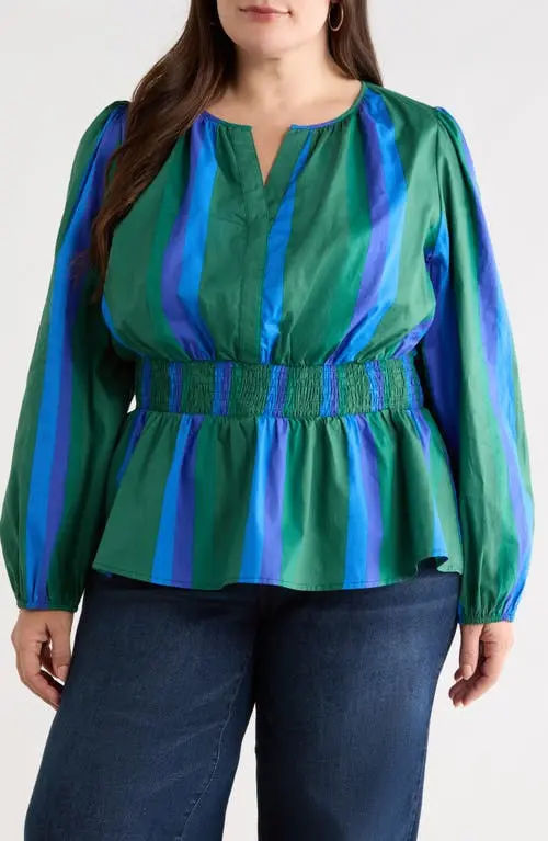 SUGARLIPS Striped Peplum Popover Top - Emerald-blues