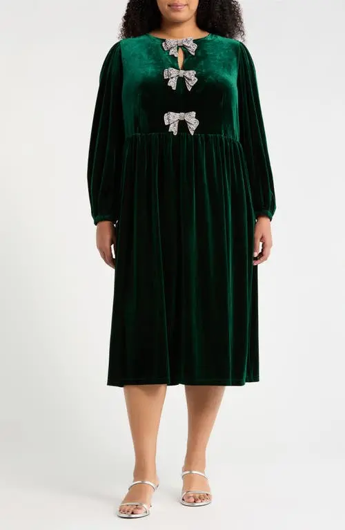 SUGARLIPS Jena Glow Bow Long Sleeve Velvet Midi Dress - Emerald