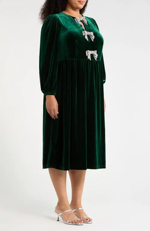 SUGARLIPS Jena Glow Bow Long Sleeve Velvet Midi Dress - Emerald