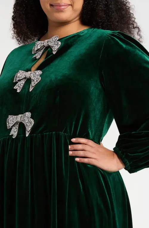 SUGARLIPS Jena Glow Bow Long Sleeve Velvet Midi Dress - Emerald