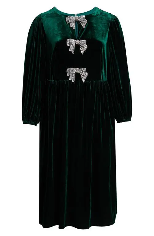SUGARLIPS Jena Glow Bow Long Sleeve Velvet Midi Dress - Emerald