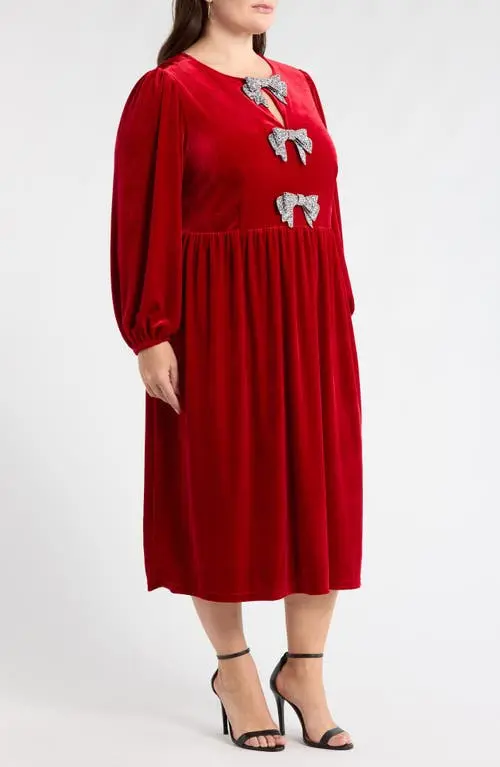 SUGARLIPS Jena Glow Bow Long Sleeve Velvet Midi Dress - Red