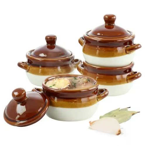 ELAMA 4 Piece Double Handle 15 Ounce French Onion Soup Bowl With Lid - Brown