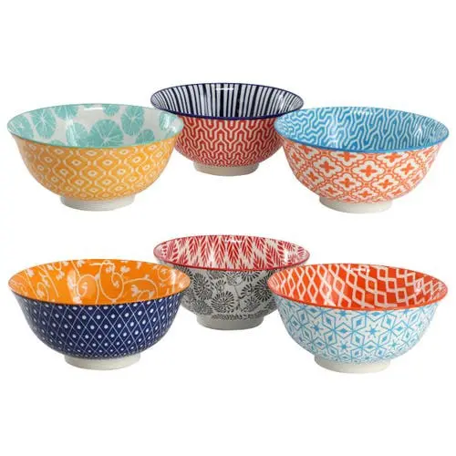 ELAMA Roxey 6 Piece Assorted Design 20oz Porcelain Footed Bowl Set Color