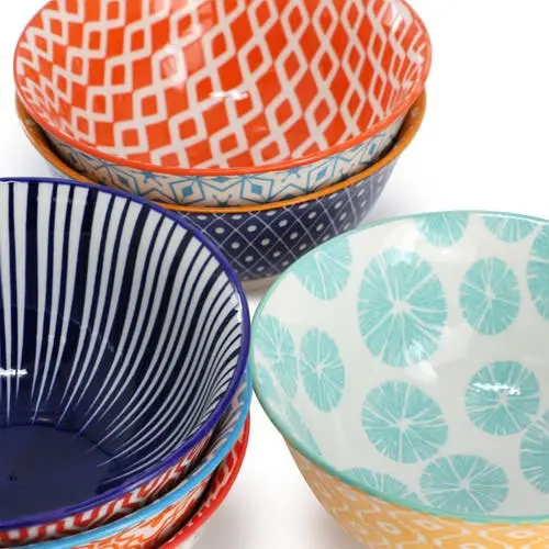 ELAMA Roxey 6 Piece Assorted Design 20oz Porcelain Footed Bowl Set Color