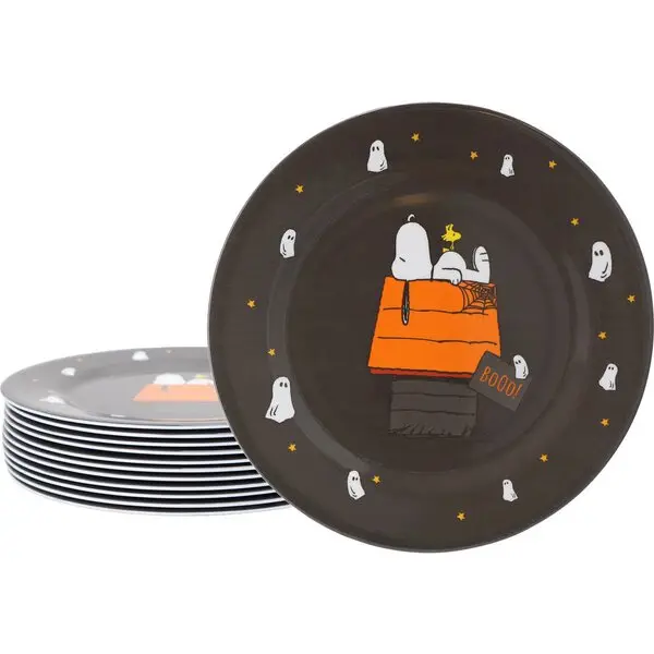 Gibson Snoopy Pumpkin 12 Piece Melamine 10.5 Inch Dinner Plate Set - Black