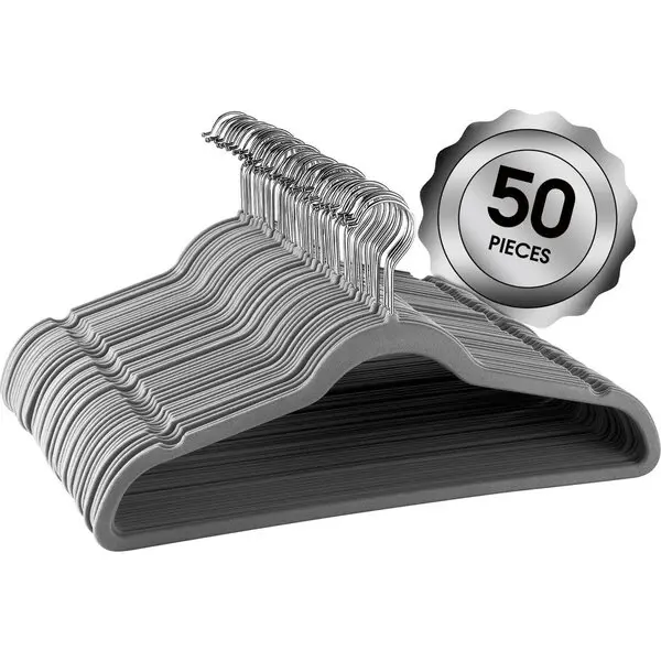ELAMA 50 Piece Flocked Velvet Clothes Hangers With Stainless Steel Swivel Hooks - Grey