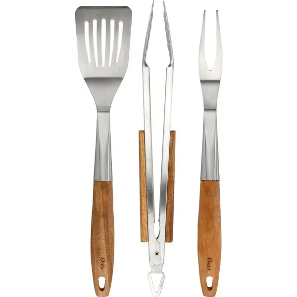 OSTER Balincourt 3 Piece Stainless Steel And Wood Bbq Tool Set - Brown