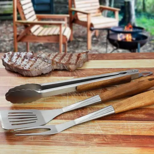 OSTER Balincourt 3 Piece Stainless Steel And Wood Bbq Tool Set
