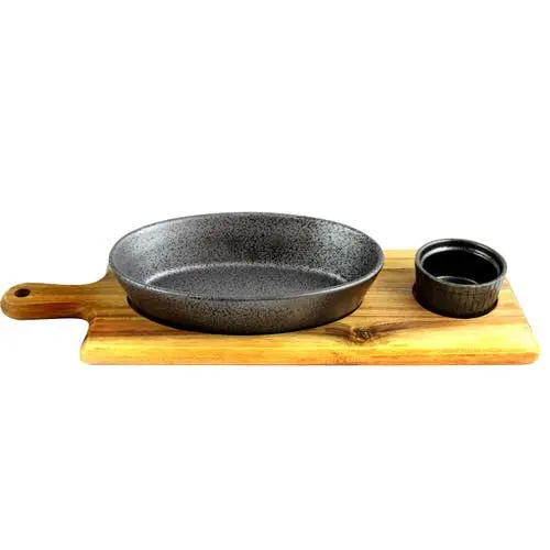GIBSON ELITE Gracious Dining 3-piece Reactive Fine Ceramic Bowl Set With Acacia Wood Tray - Grey