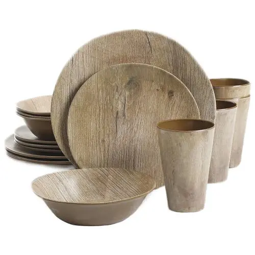 GIBSON ELITE Woodlands 16 Piece Melamine Wood Grain Decal Dinnerware Set - Brown