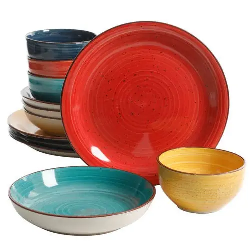 GIBSON HOME Color Speckle 12 Piece Mix And Match Double Bowl Dinnerware Set In 4 - Yellow