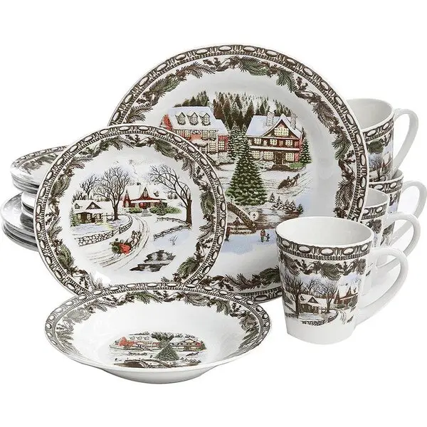 GIBSON HOME Christmas Toile 16 Piece Dinnerware Set