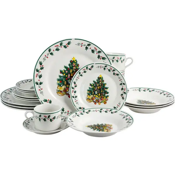 GIBSON HOME 20 Piece Ceramic Christmas Tree Trimming Dinnerware Set