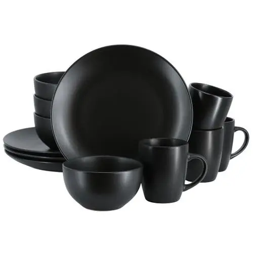GIBSON HOME Everyday Plus 12 Piece Round Stoneware Dinnerware Set - Black