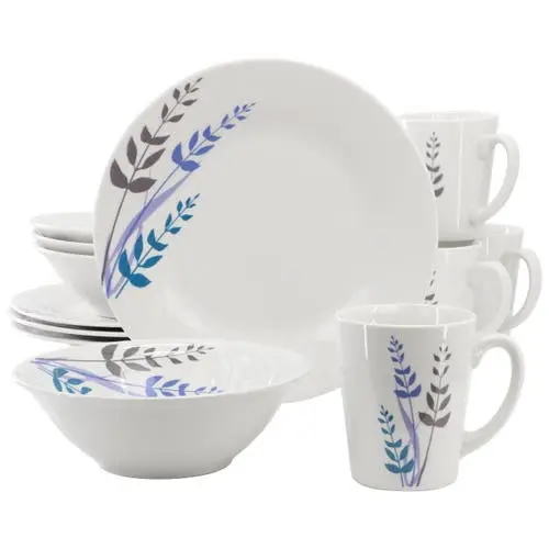 GIBSON HOME Blue Leaves 12 Piece Round Fine Ceramic Decorated Dinnerware Set - White
