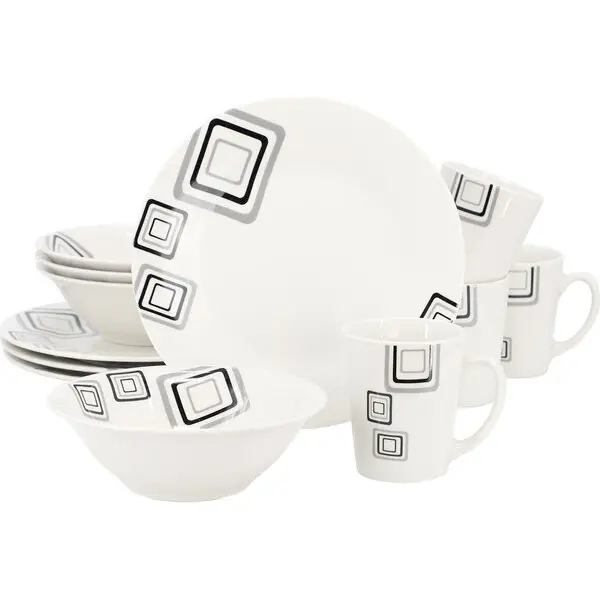 GIBSON HOME Black Squares 12 Piece Round Fine Ceramic Dinnerware Set - White