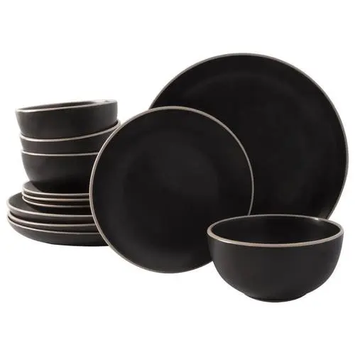 GIBSON HOME Rockaway 12 Piece Stoneware Dinnerware Set - Black
