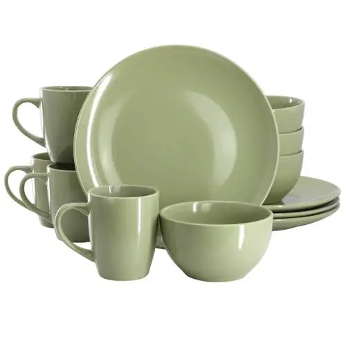 GIBSON HOME Everyday Plus 12 Piece Stoneware Dinnerware Set - Green