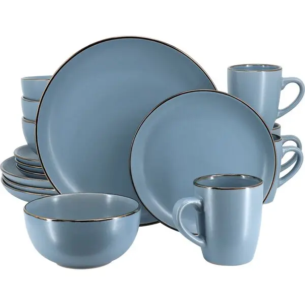 GIBSON HOME Rockaway 16 Piece Stoneware Metallic Rim Dinnerware Set - Blue