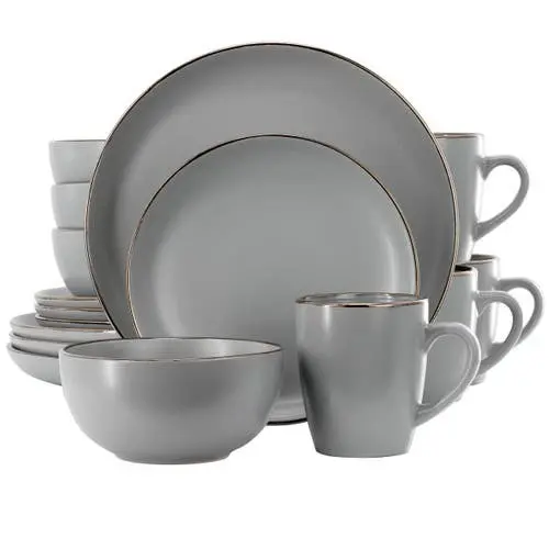GIBSON HOME Rockaway 16 Piece Stoneware Gold Rimmed Dinnerware Set - Grey