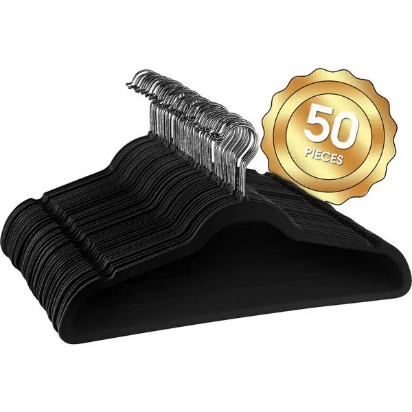 ELAMA 50 Piece Flocked Velvet Clothes Hangers With Stainless Steel Swivel Hooks - Black