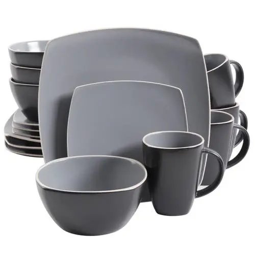 GIBSON HOME 16 Piece Soft Square Stoneware Dinnerware Set - Grey