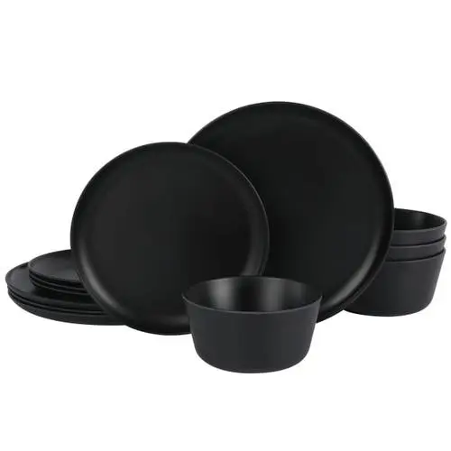 GIBSON HOME Fairhope 12 Piece Melamine Round Dinnerware Set - Black