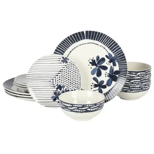 GIBSON HOME Eliza 12 Piece Ceramic Dinnerware Set - Blue