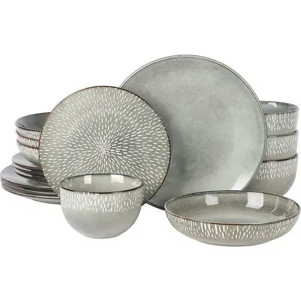 GIBSON ELITE Matisse 16 Piece Stoneware Dinnerware Set With Reactive Glaze - Grey