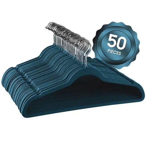 ELAMA 50 Piece Flocked Velvet Clothes Hangers With Stainless Steel Swivel Hooks - Blue