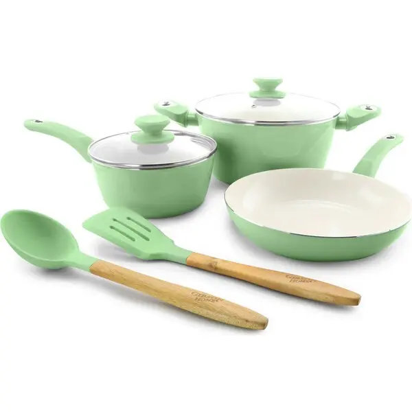 GIBSON HOME Plaza Cafe 7 Piece Essential Core Aluminum Cookware Set - Green