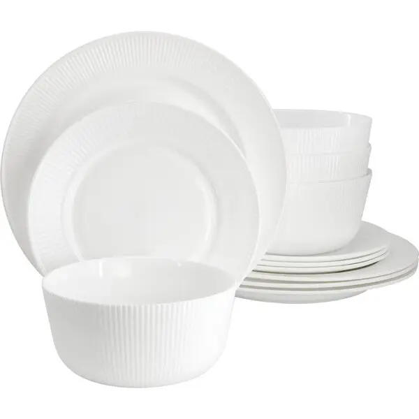 GIBSON ULTRA Swanton Stripe 12 Piece Break-resistant Opal Glass Dinnerware Set - White