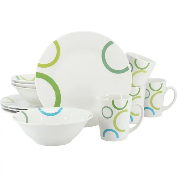 GIBSON HOME Green Loops 12 Piece Round Fine Ceramic Dinnerware Set - White
