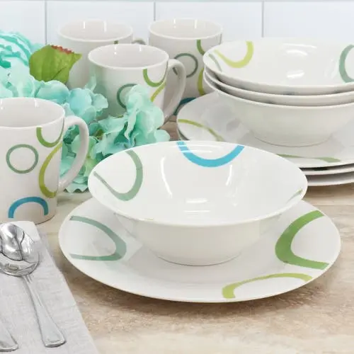 GIBSON HOME Green Loops 12 Piece Round Fine Ceramic Dinnerware Set